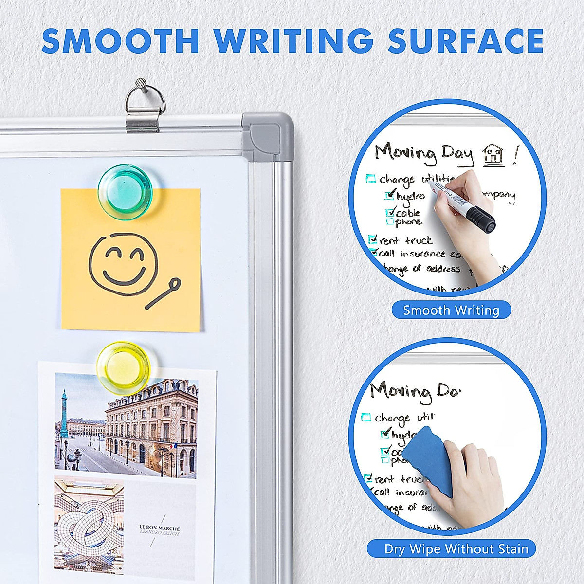 Magnetic White Board 24 x 18 Dry Erase Board Wall Hanging Whiteboard with 3 Dry Erase Pens, 1 Dry Eraser, 6 Magnets, 2' x 1.5' Message Scoreboard for School Home Office