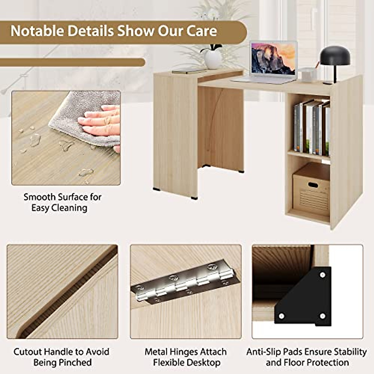 Tangkula Extendable Computer Desk for Small Space, Reversible Study Writing Desk with Mobile Shelves & Anti-Tipping Kit, Home Office Desk, Pull-Out Laptop Workstation Desk (Natural)