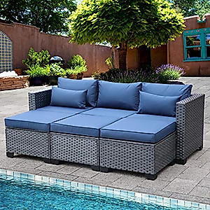 Valita 4-Piece Outdoor Rattan Furniture Set All-Weather PE Silver Gray Wicker Sofa Patio Sectional Conversation Garden Couch with Aegean Blue Cushion