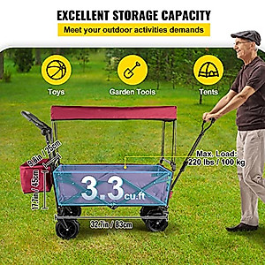 Happbuy Extra Large Collapsible Garden Cart with Removable Canopy, Folding Wagon Utility Carts with Wheels and Rear Storage, Wagon Cart for Garden, Camping, Grocery Cart, Shopping Cart, Red