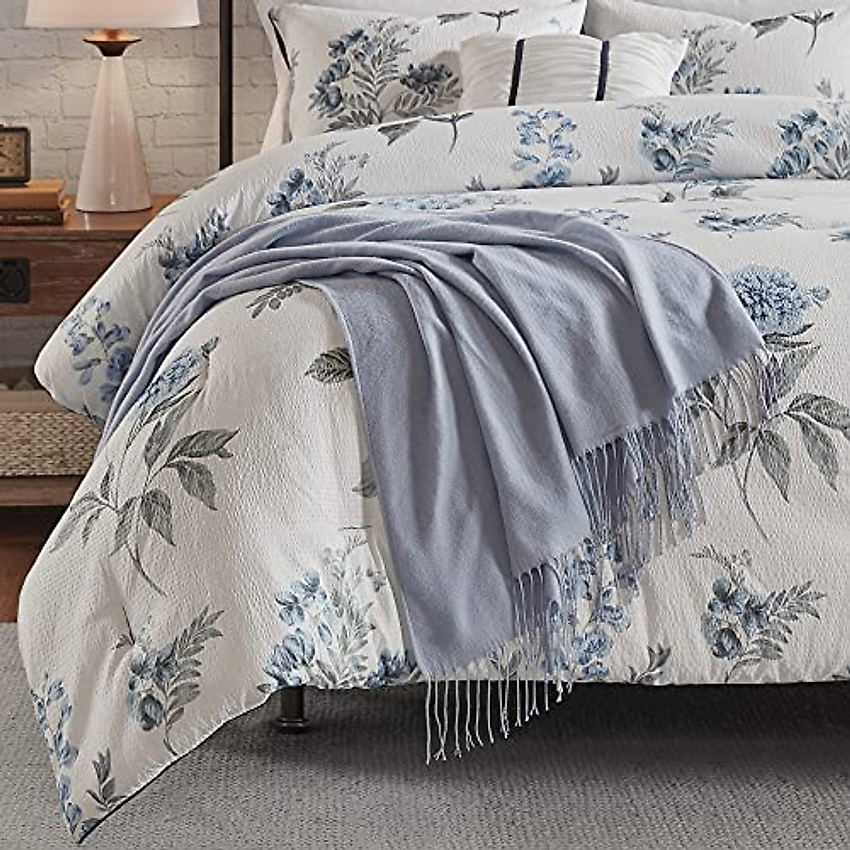 Madison Park Zennia Farmhouse Comforter Set with Throw-Blanket, Floral Print on Seersucker Textures, All Season Bedding, Matching Shams, Toss Pillows, King/Cal King(104"x92"), Blue 7 Piece