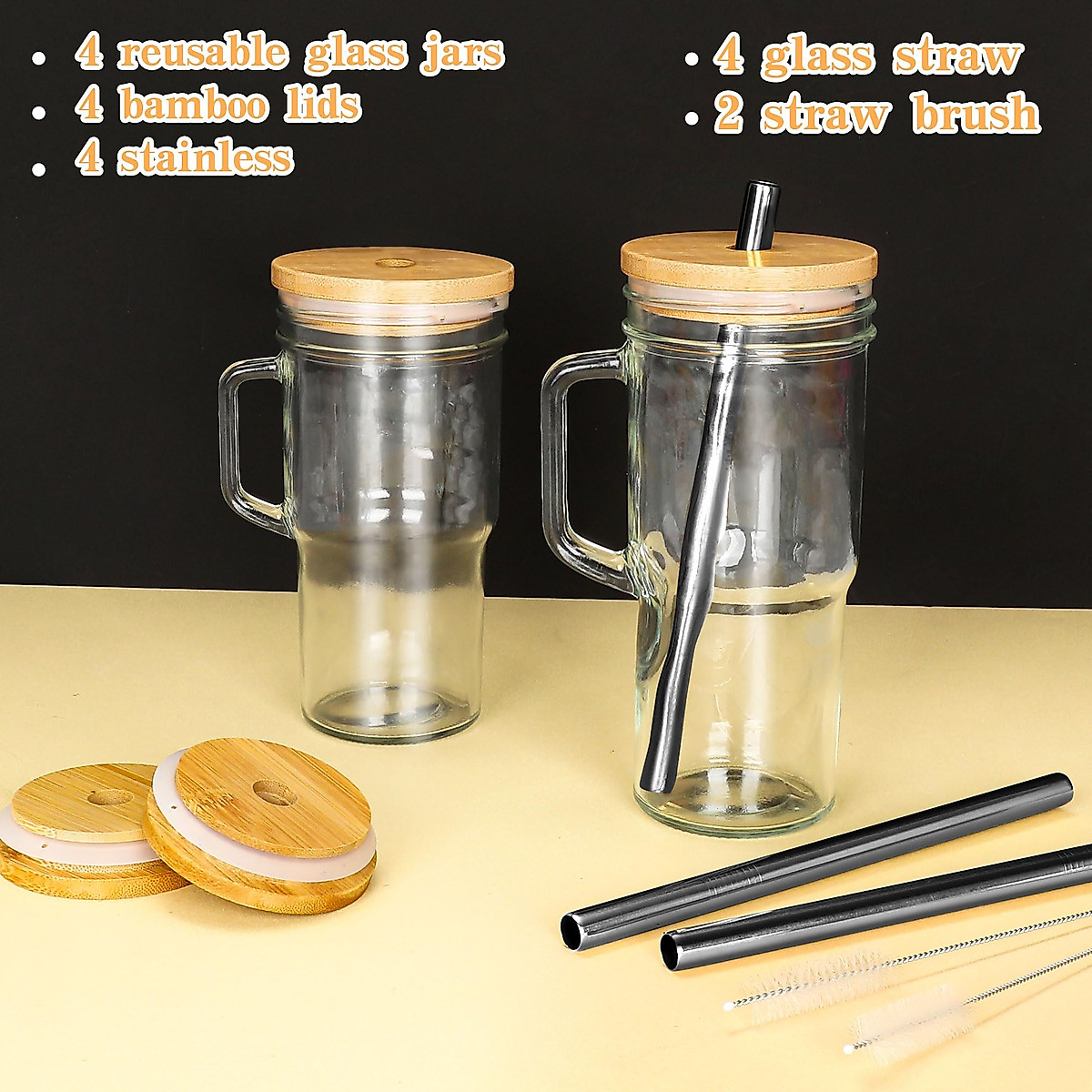 Ensccant 4Pack Glass Tumbler Cups with handle, 22oz Reusable Iced Coffee Cup with Bamboo Lid and Straw - Mason Jar Drinking Glasses for Cocktail, Beer, Smoothie Boba Tea, Juice - Non-slip Cup