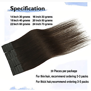 Dark Brown Tape in Hair Extensions Human Hair 100% Remy Human Hair Extensions Silky Straight for Fashion Women 20 Pcs/Package(14Inch #2 30g)