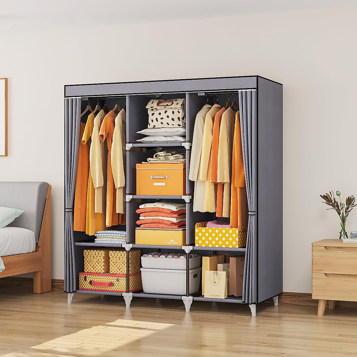 ZVZHM Portable Closet, 53 Inch Wardrobe Closet for Hanging Clothes with 2 Hanging Rods, 8 Storage Organizer Shelves, Non-Woven Fabric, Quick and Easy to Assembly, Grey