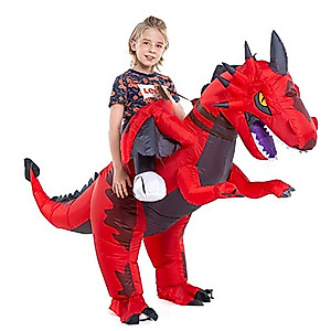 HSCTEK Inflatable Dragon Costume Kids Boys Girls, Inflatable Blow Up Costume Riding Dragon Costume Child, Inflatable Ride On Dragon Halloween Rider Costume Children, Red