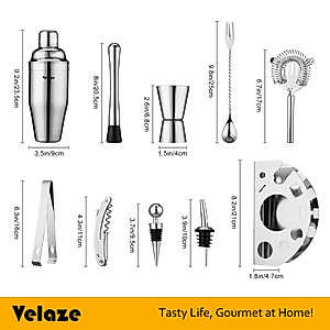 Velaze Cocktail Shaker Set,10 Pieces Stainless Steel Bar Tools - Bottle Opener, Pour Spouts,Measuring Jigger and Wine Stopper, Champagne Martini Shaker Sets (Blue)