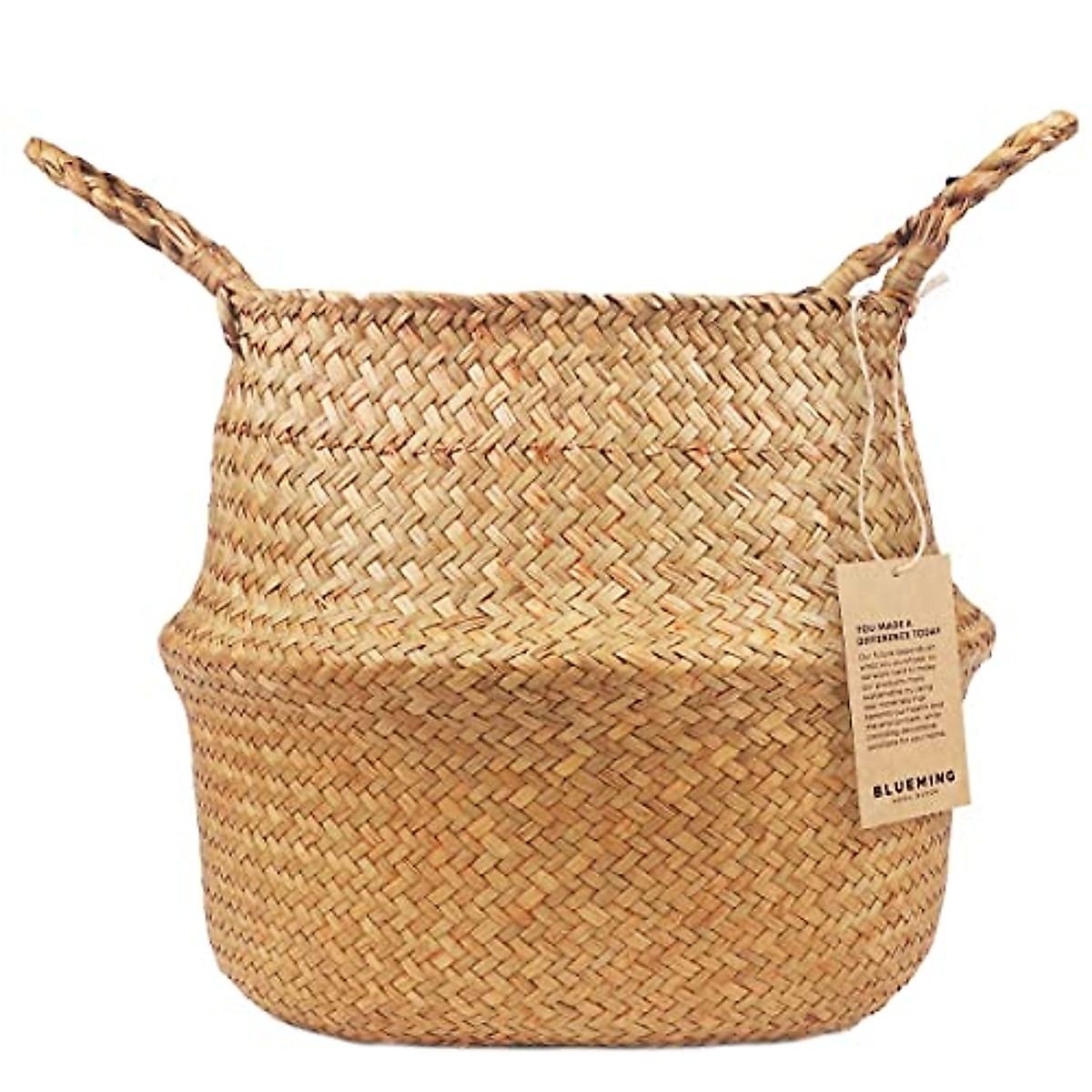 Blueming Home Decor Plant Basket – Large Seagrass Belly Basket Planter, Woven Rattan Wicker Plant Pot for Tall Indoor Plants with Handles, Round Decorative Boho Planters (Original, 10-11 Inch)