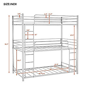 P PURLOVE Metal Triple Bunk Bed for Kids Teens,Twin Over Twin Bunk Bed with Ladder and Safety Guardrail, 3 Bunk Bed for Living Room, Slat Included, No Box Spring Need