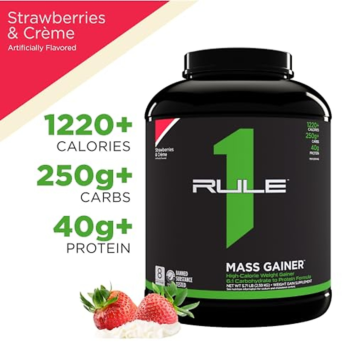 Rule 1 R1 Mass Gainer, Strawberries & Creme - 5.71 Pounds - 40g of All-Whey Protein with 6:1 Carb-to-Protein Ratio - 8 Servings