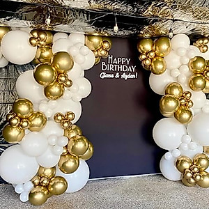 NISOCY White Gold Confetti Balloons Garland Arch Kit, 120 PCS 12in 10in 5in Latex Metallic Gold White Confetti Balloons for Birthday, Wedding, Anniversary, Celebrations, Prom Bridal Party Decoration