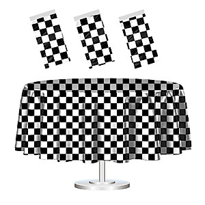 3 Pack Black and White Round Checkered Tablecloth 84 ×84 Checkered Table Cover Disposable Tablecloth for Round Tables Race Car Theme Party Birthday Picnic Camping Checkered Round Plastic Table Cloth