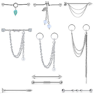 Goerhsjie Industrial Piercing Jewelry 14g Industrial Chain Earrings for Women 14 Gauge Long Industrial Bar Piercing Cute Silver Surgical Steel Industrial Barbell