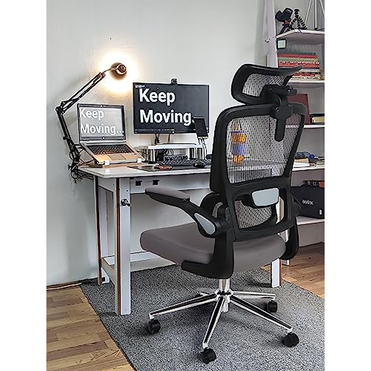 Home Office Chair Ergonomic Mesh Desk Chair with Headrest& Flip up Armrest Gaming Chair Computer Chair with Lumbar Support, Swivel Chair Executive Chairs High Back Office Chair, Grey, 1 Pack