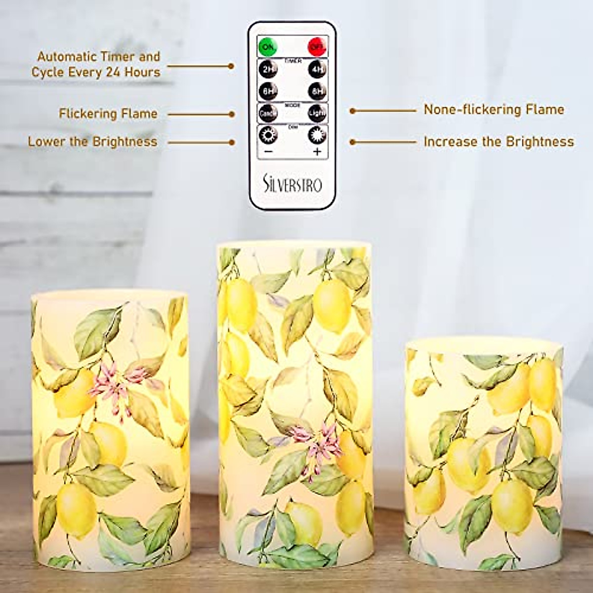 Silverstro Lemon Flameless Candles with 10-Key Remote, Lemon Tree Decal Real Wax LED Candles, Flickering Battery Operated Candles for Room Christmas Party Home Botanical Decor - Set of 3