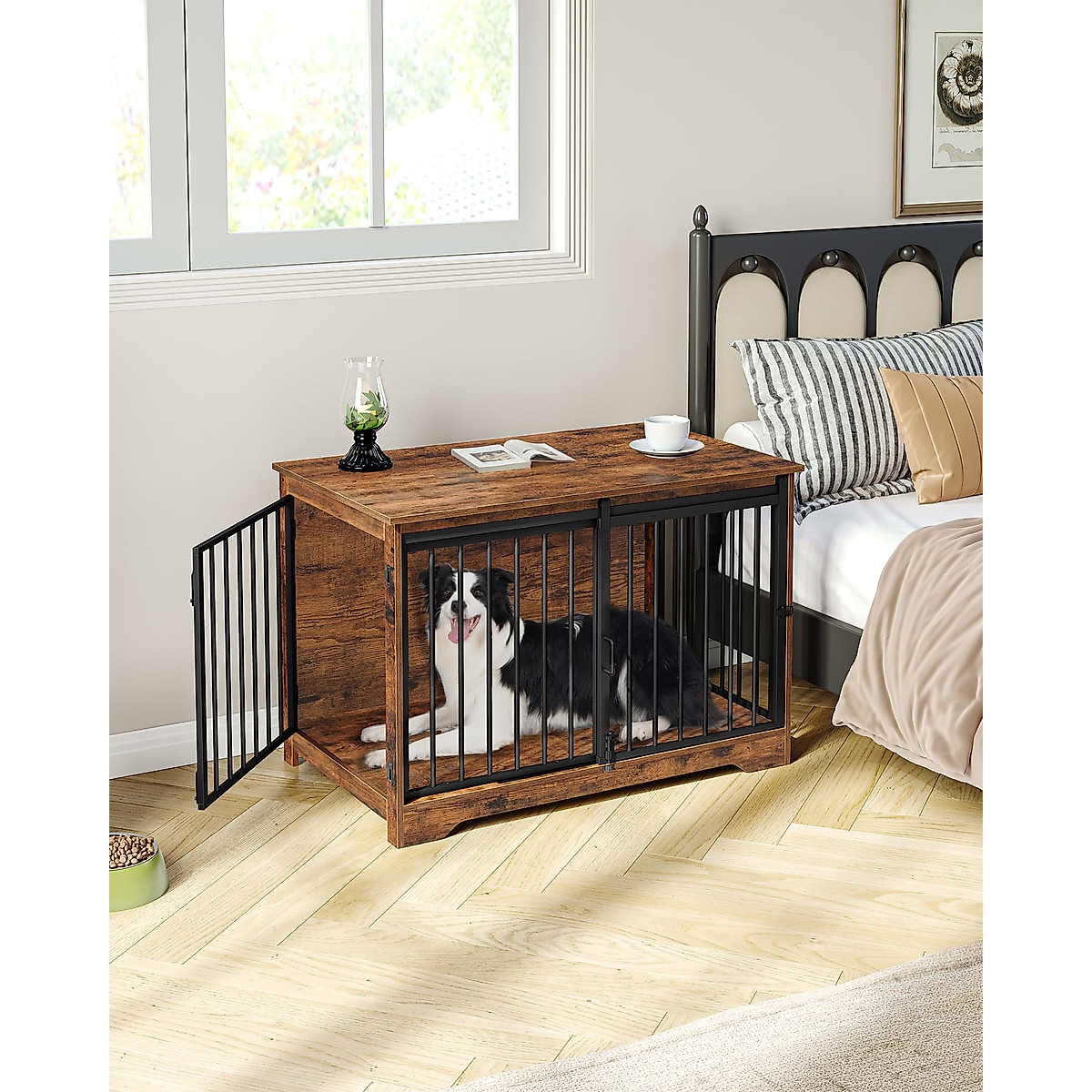 Hzuaneri Dog Crate Furniture, 39.4" Double Door Dog Crate with Barn Door, Dog Kennel Indoor, End Side Table Wooden Dog Crate for Small Medium Large Dog, Anti-Chew Anti-Escape, Rustic Brown DFC02301B