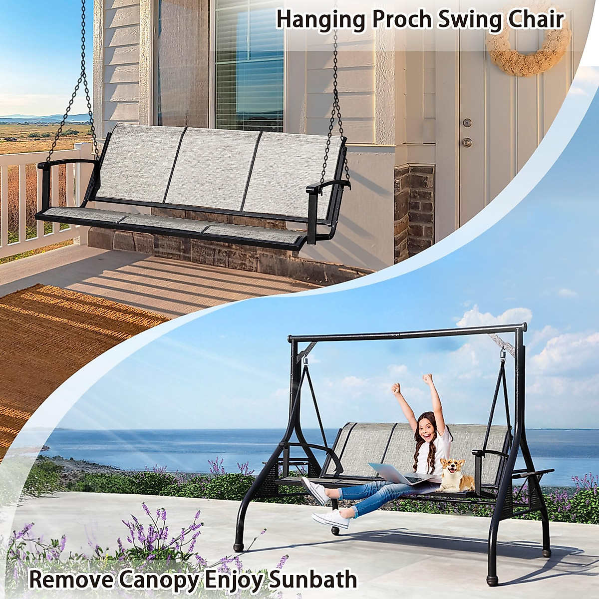 NOBLEMOOD Outdoor Patio Swing with Adjustable Canopy, 3 Seat Outdoor Porch Swing with Cup Holders, Waterproof Textilene Swing Chair for Adults Backyard Garden Patio
