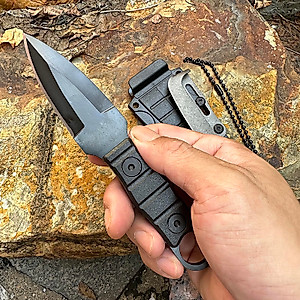 WILD TACTICAL Fixed Blade Knife, Full Tang w/Kydex Sheath, Belt Clip and Necklace easy Carry, Good for Camping Hiking Knife, Fishing Hunting edc MIN Knife Black