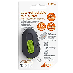 Slice 10514 Mini Box Cutter, Package and Box Opener, Safe Ceramic Blade Retracts Automatically, Stays Sharp Up to 11x Longer, Right or Left Handed, Keychain, Magnetic, Pack of 1
