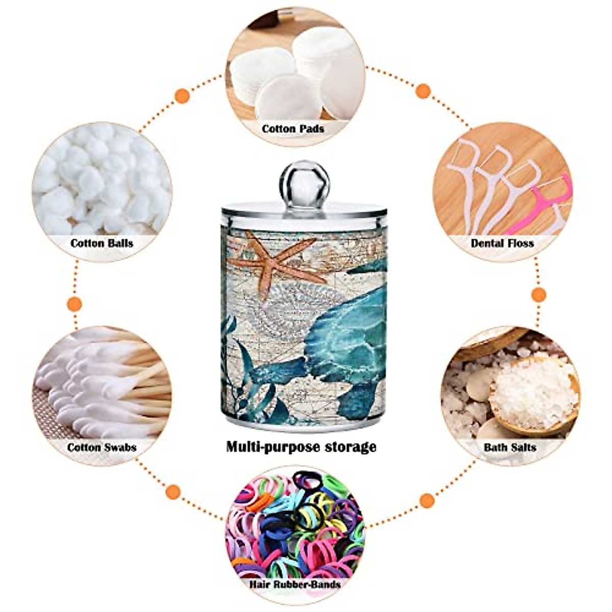 CHIFIGNO Vintage Blue Sea Turtles Starfish Map Qtip Dispenser 2 Pack Clear Apothecary Plastic Jars Bathroom Storage Containers for Cotton Pads, Cotton Ball, Cotton Swabs, Floss Picks 10 Oz