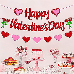 Happy Valentine’s Day Banner Romanic Red Heart Garland for Women Girls Valentine’s Day Themed Anniversary Wedding Engagement Bridal Shower Party Supplies Glitter Decorations