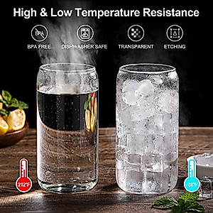4 Pack Drinking Glasses, EFOBO 16 oz Beer Can Glass with Bamboo Lids, Straws and Cleaning Brushes, Can Shaped Tumbler Cup for Water, Ice Soda, Tea, Iced Coffee Glasses, Gifts