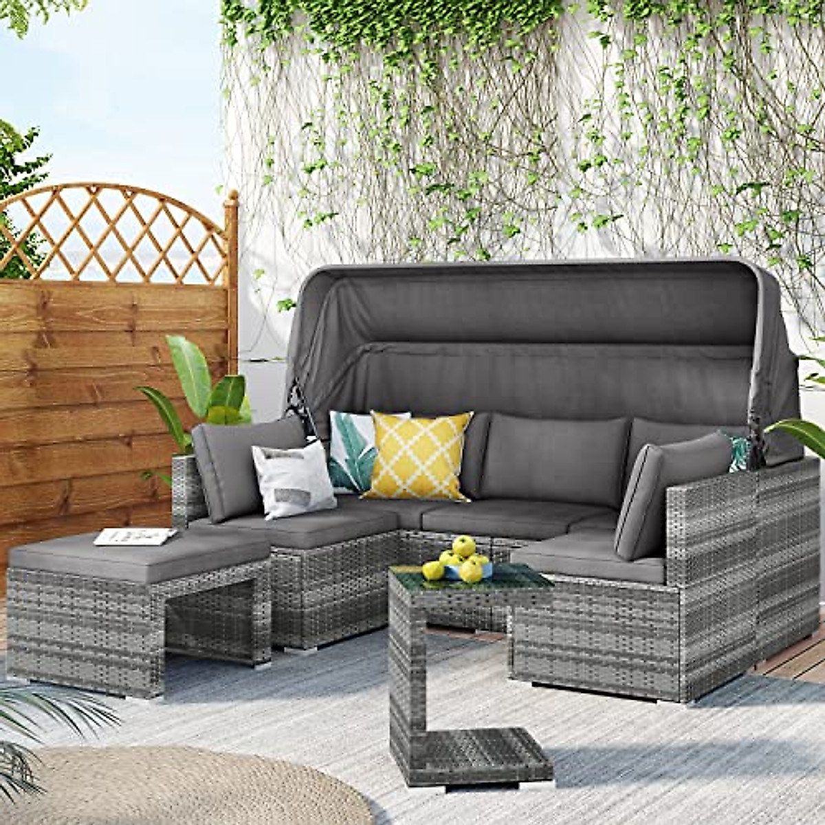 EMKK 5 Pieces Outdoor Patio Sofa Set Rattan Daybed,Sectional PE Wicker Conversation Furniture w/Canopy and Tempered Glass Side Table, C-Gray