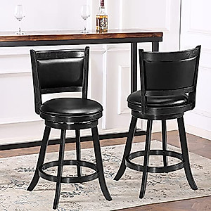 COSTWAY Bar Stools Set of 2, 360 Degree Swivel, Accent Wooden Swivel Back Counter Height Bar Stool, Fabric Upholstered Design, PVC Cushioned Seat (2 stools, Black 24'' Height)