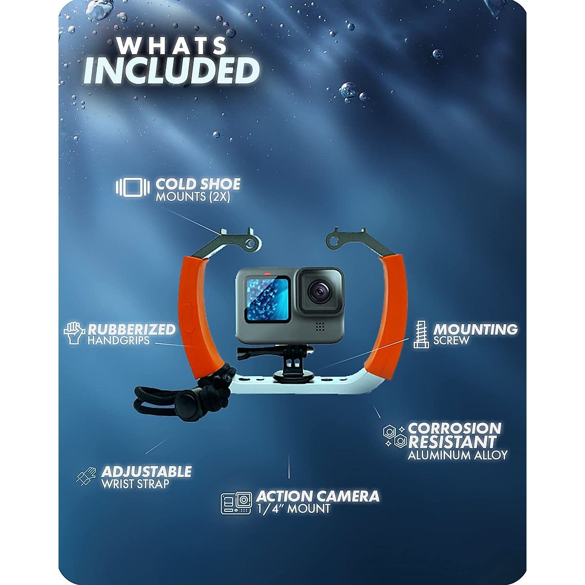 Movo GB-U70T Underwater Diving Rig for GoPro Hero with Cold Shoe Mounts, Wrist Strap - Works with HERO6, HERO7, HERO8, HERO9, HERO10, HERO11, and Osmo Action Cam - Scuba GoPro Accessory (Tangerine)