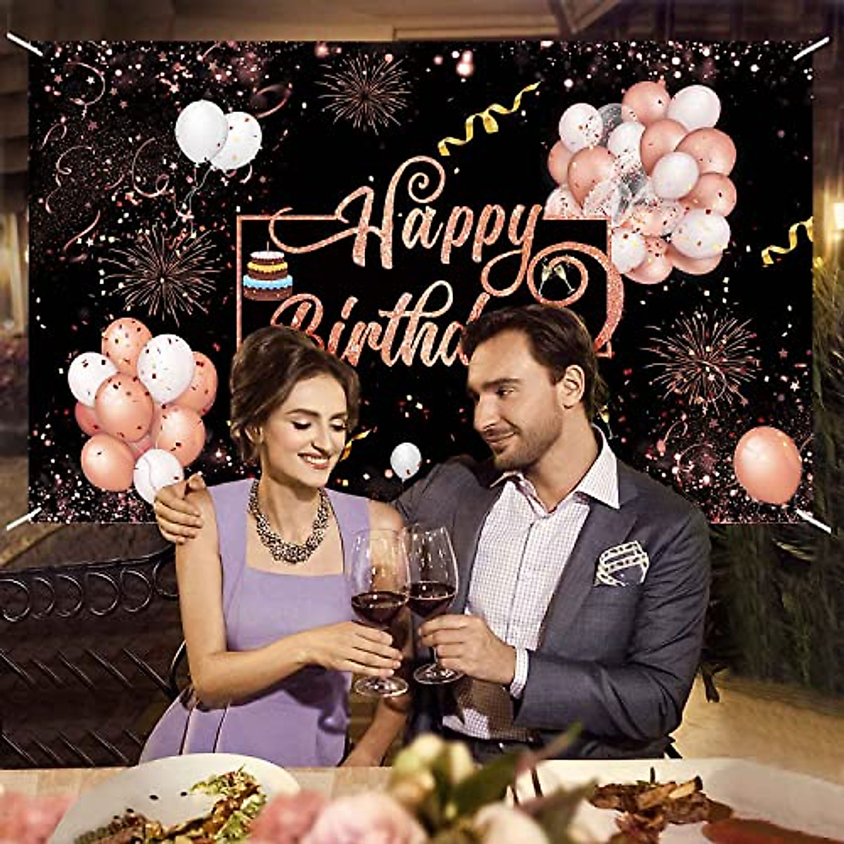 Rose Gold Happy Birthday Theme Fabric Sign Poster Banner Backdrop with Firework,Star,Balloons,Cakes Pattern for Brithday Photo Booth Background Party Decorations Supplies