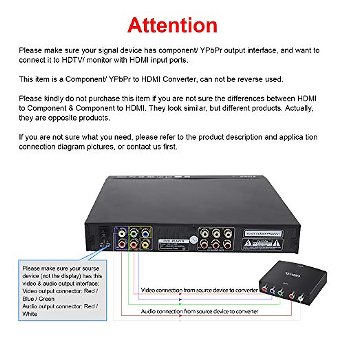 EASYCEL Component to HDMI Converter with 1.2 Meter HDMI Cable, RGB to HDMI Converter, 1080P 5RCA YPbPr to HDMI Converter