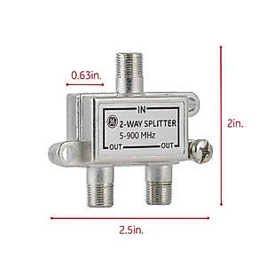 GE 2-Way Coaxial Cable Splitter, 5-900 Mhz Range, RG59 RG6 Coax Compatible, Audio, Video, Works with HD TV, Cable, Amplifiers, Amplified Antennas, Nickel, Corrosion Resistant, 35046