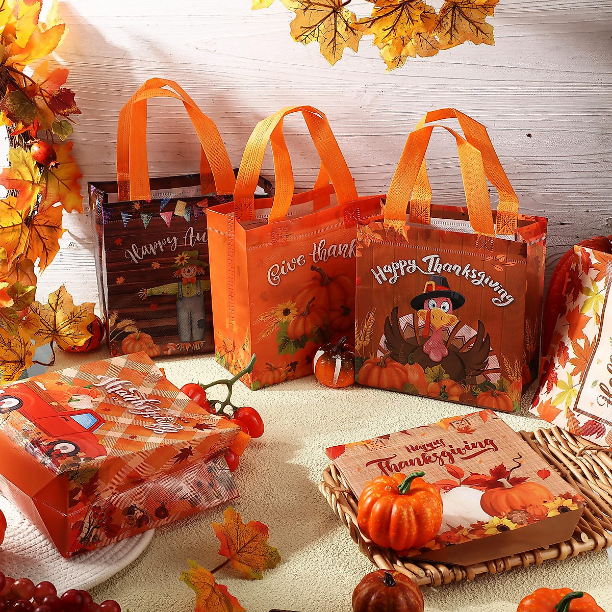Sweetude 36 Pack Thanksgiving Non Woven Tote Bags Bulk Reusable Fall Gift Bags Pumpkin Turkey Bags with Handles Autumn Goodie Shopping Bags with Tissue Paper for Fall Thanksgiving Party Favors