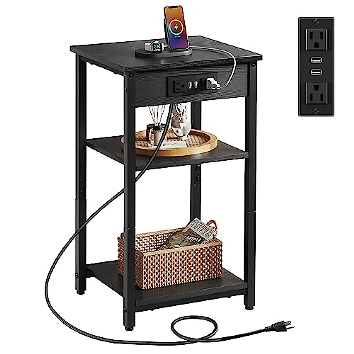 WLIVE End Table with Charging Station and USB Ports, 3-Tier Side Table with Adjustable Shelf, Side Table with Outlet for Small Spaces, Living Room, Bedroom, Black