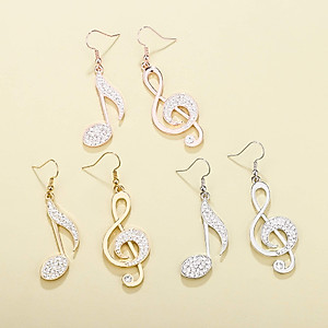 Women Dangle Earrings with Music Note Drop - CZ Clear Crystal Musical Fans Clip on Hook Earring, Rhinestone Fashion Costume Jewelry for Girls…