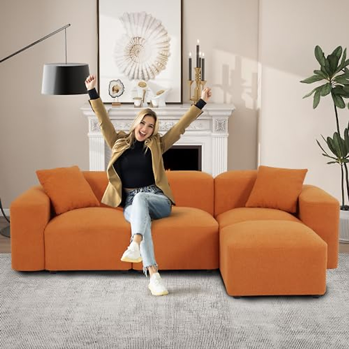 Wonder Comfort 94" Teddy Fabric L-Shaped Sectional Sofa with Reversible Ottoman, Sherpa Futon Couch with 2 Pillows for Living Room Apartment, Orange