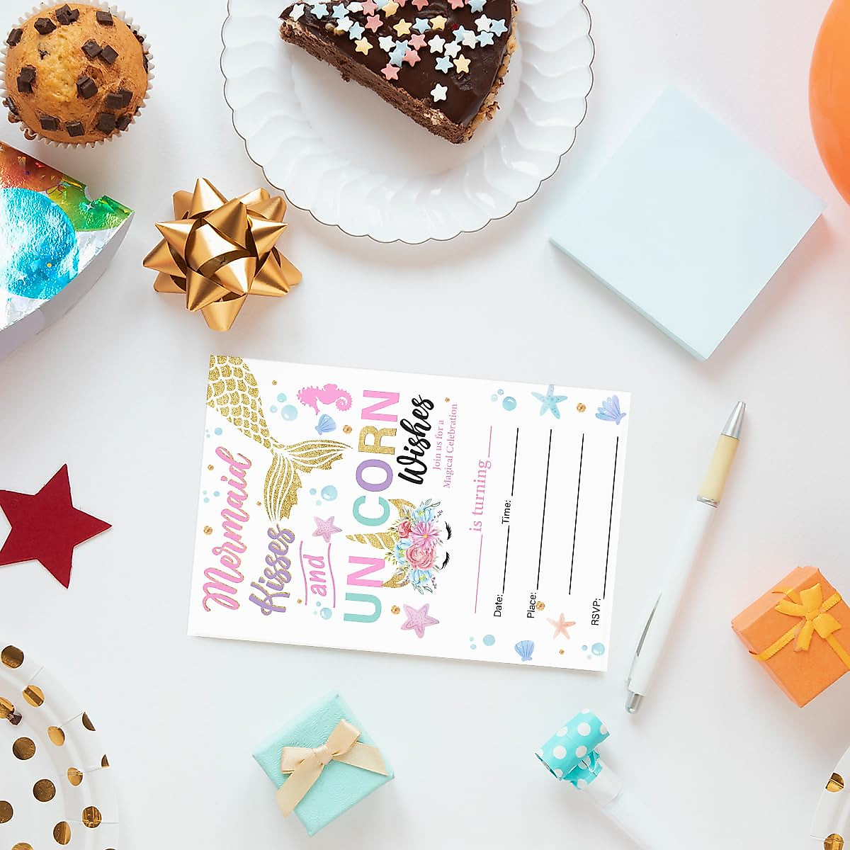 EUDOSI Unicorn Mermaid Birthday Party Invitations Supplies Fill-In Set of 20 with Envelopes Kisses and Unicorn Wishes Birthday Bash Invites Cards, Double Sided