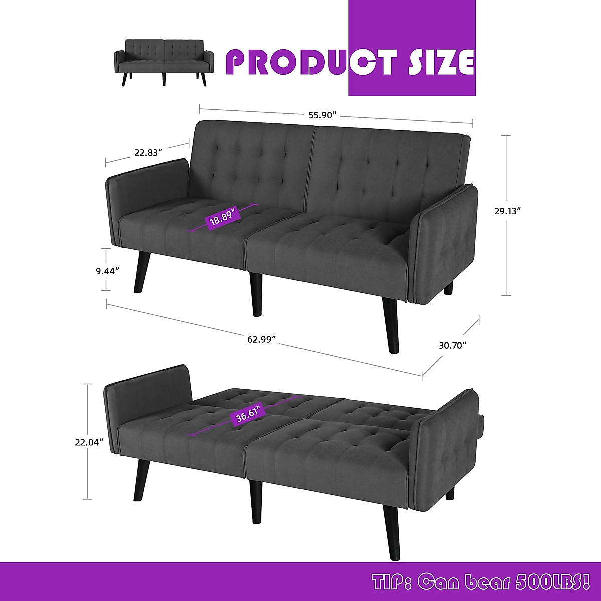 TYBOATLE 65“ Modern Fabric Linen Upholstered Convertible 2 USB Ports Folding Futon Couch Sofa Bed, Foldable Loveseat Furniture for Compact Small Space, Dorm, Living Room Apartment, Office (Dark Grey)