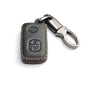 WFMJ Leather for Toyota 4Runner Avalon Camry Corolla Land Cruiser Venza RAV4 Subaru BRZ Remote 3 Buttons Key Case Holder Cover Fob Chain (Black)