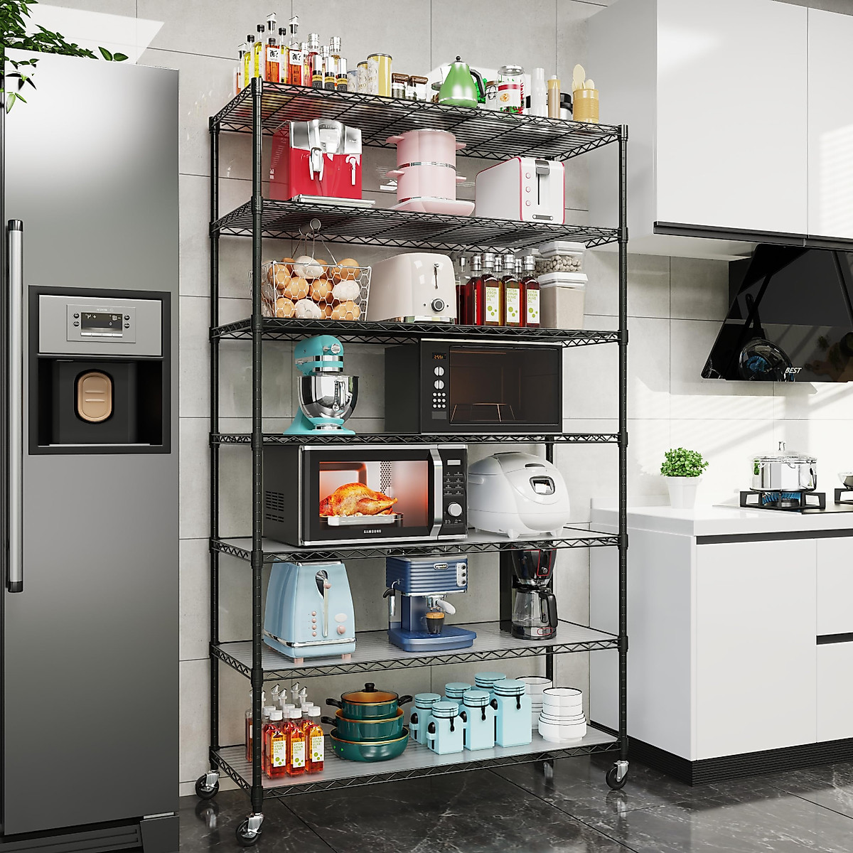 Fulocseny 7 Tier NSF Storage Rack, 2450lbs Capacity Heavy Duty, Metal Wire Shelving Units with 4 Wheels & Shelf Liners for Balcony Supermarket and Warehouse, 82" H x 48" L x 18" W Black