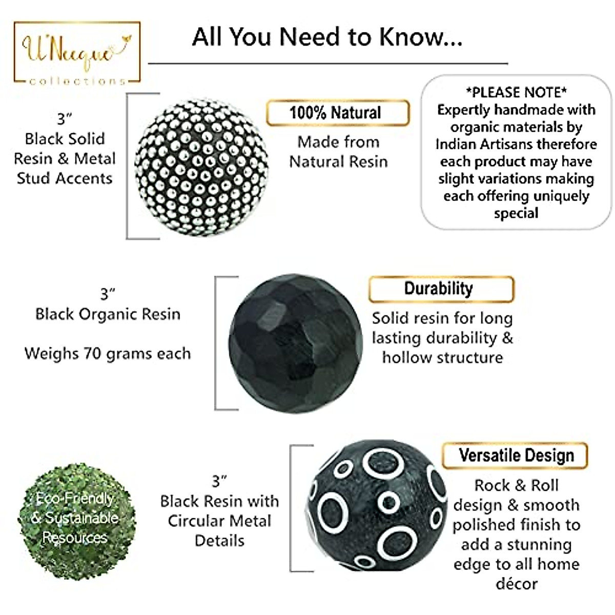 U'Neeque Collections Beautiful Handmade Black Small Decorative Balls for Bowls - Decorative Balls Set of 3”x 3 pcs, Accent Decor Great for Trays & Vases