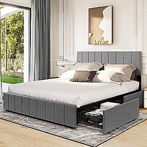YITAHOME Upholstered Platform Bed Frame with 4 Storage Drawers and Adjustable Headboard, Mattress Foundation with Sturdy Wood Slat Support, No Box Spring Needed, Grey(Queen)