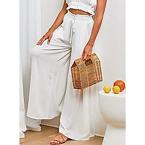 EVALESS Women's Comfy Wide Leg Pants Casual Drawstring Elastic Waist Lounge Culottes with Pockets White X-Large