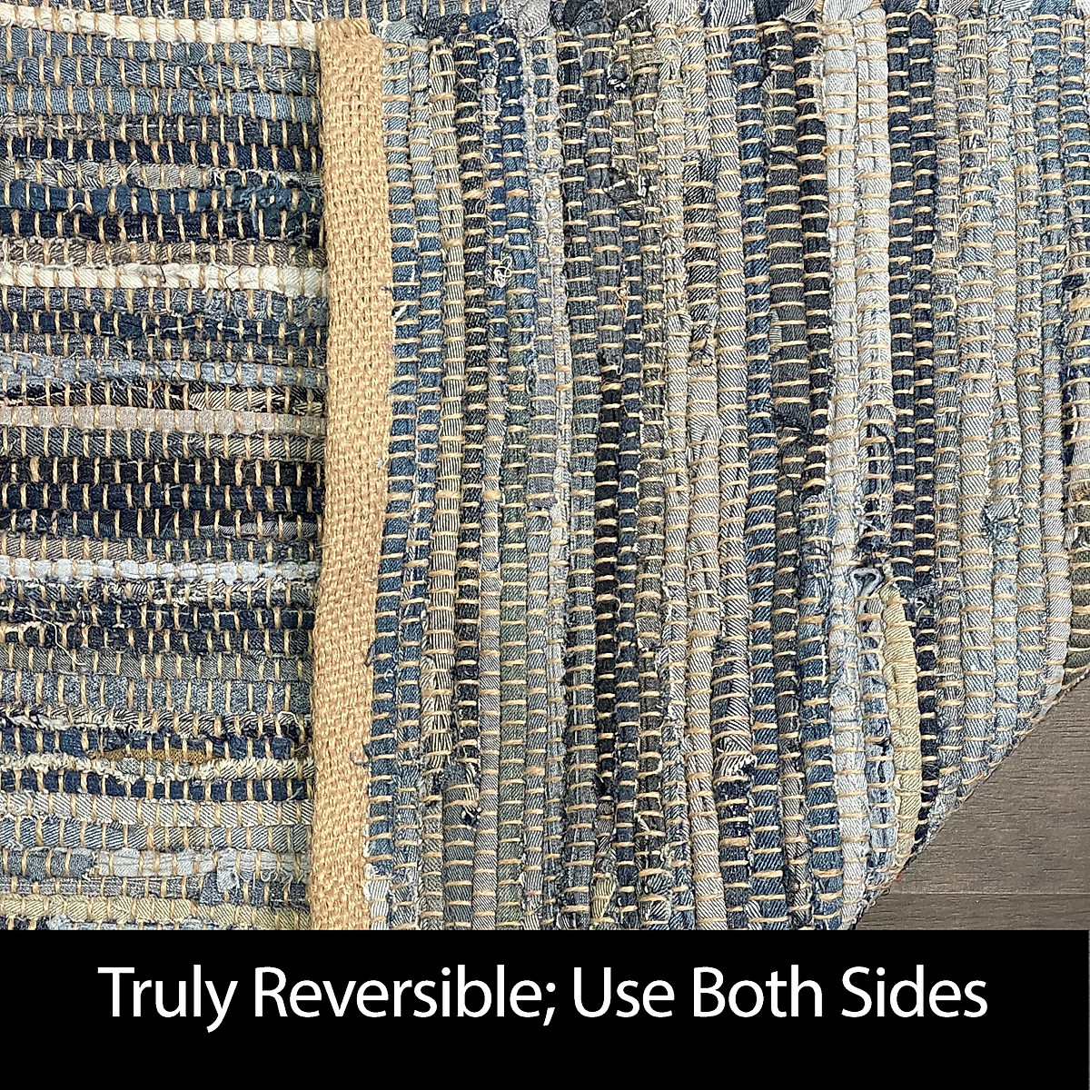 Chardin home Farmhouse Rag Rug 4x6 feet Denim Blue | Cotton & Jute Hand Woven Chindi Rug, Long Boho Rug | Perfect for Hallways, Kitchens, Bathroom, bedrooms | Shades of Blue