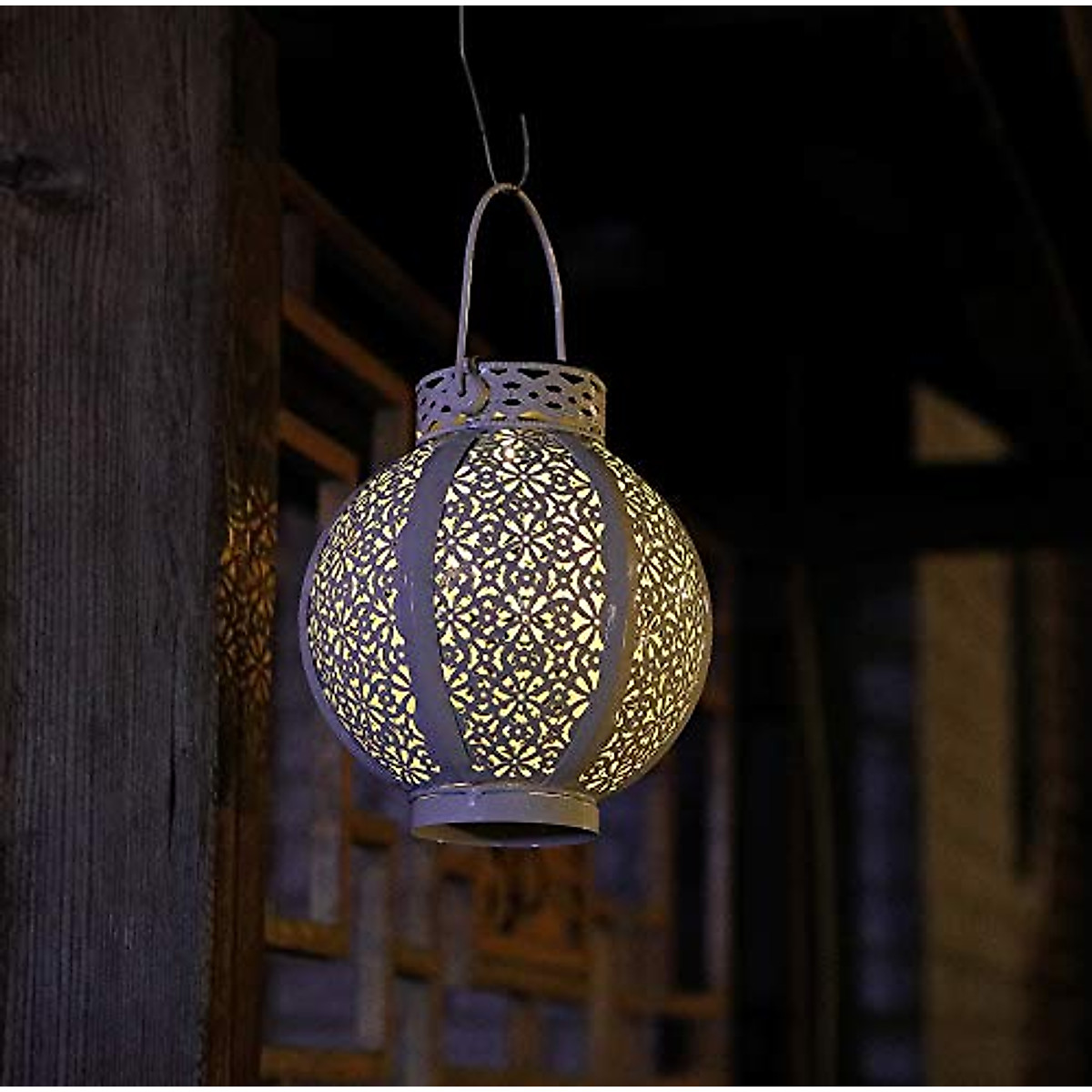 WSgift 2 Pack Hanging Solar Lantern Metal LED Table Lamp Outdoor Solar Hollow-Out Lights with Handle, 6 lumens, 6 x 6 x 6.7 Inch, White