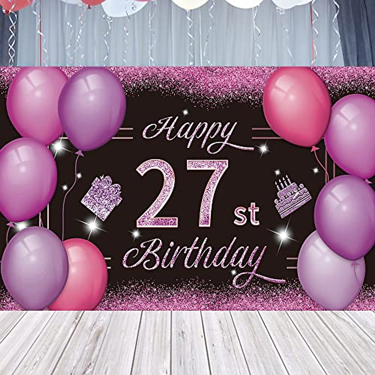 Happy 27st Birthday Backdrop Banner Pink Purple 27th Sign Poster 27 Birthday Party Supplies for Anniversary Photo Booth Photography Background Birthday Party Decorations, 72.8 x 43.3 Inch