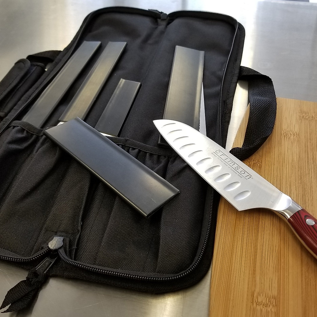Ergo Chef Padded Chef Knife Case Roll with 5 pc 5 Pocket Bag w/5pc. Black Edge Guards