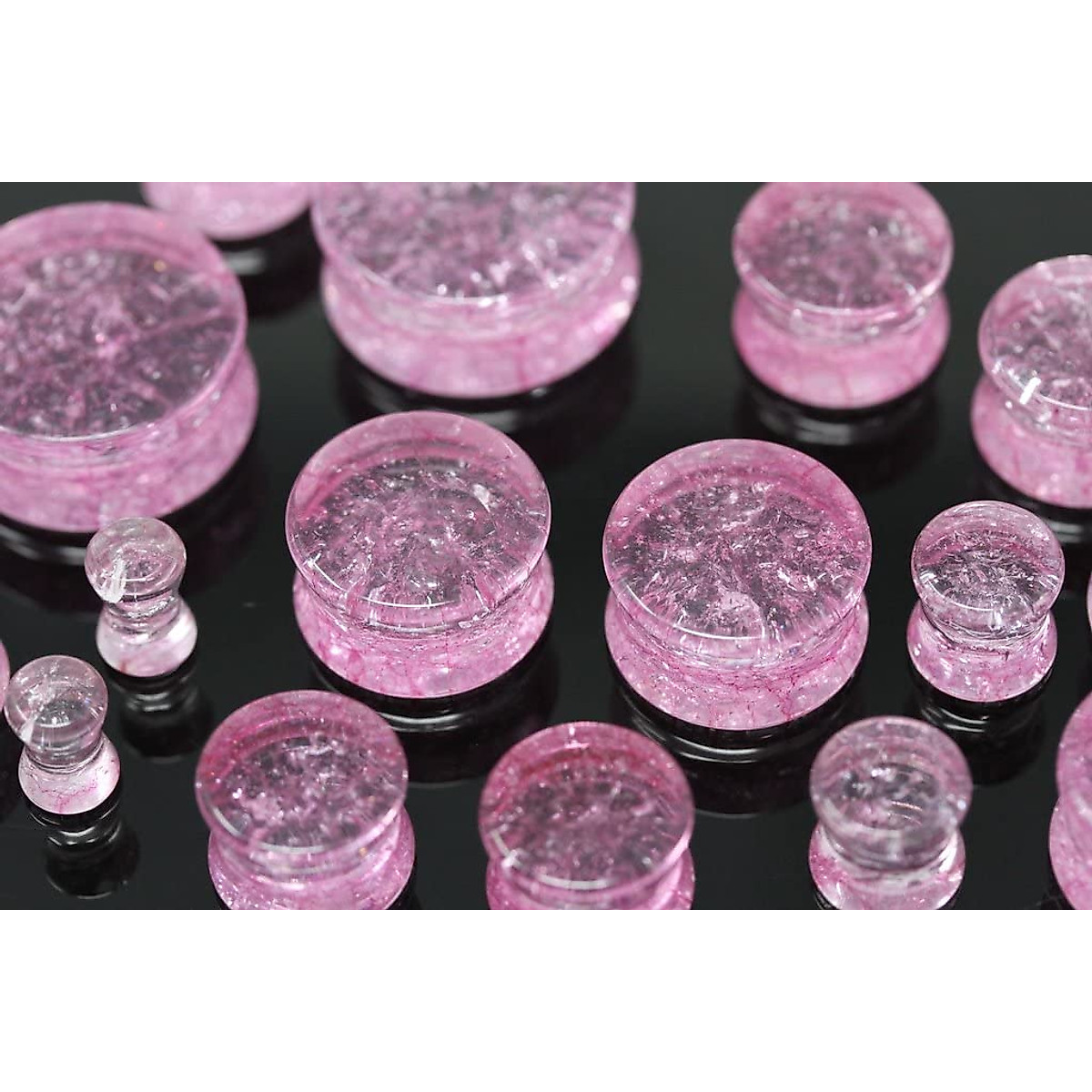 Pair 9/16" (14MM) PINK SHATTERED GLASS PLUGS Double Flare Gauges Cracked Organic Tunnels (2pcs)