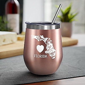 Customized Florida Gift,Florida Coffee Mug Gift for Women 12oz Wine with Lid 18/8 Stainless Steel Cup,Unique Oliday Travel Supplies(Rose Gold)