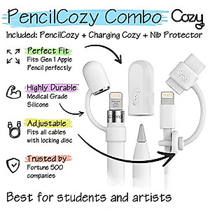 [3-Piece] PencilCozy Combo Pack Cozy The Original Apple Pencil Accessories (Cap Holder/Keeper/Tether) Compatible Apple iPad Pro iPencil Charger/Nib Accessories | Case Friendly Design (White-Combo)