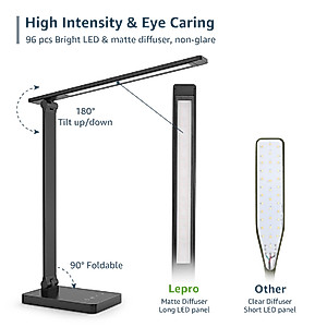 Lepro LED Desk Lamp with USB Charging Port Dimmable Home Office Touch Control Reading Table Lamp,3 Color Modes with 5 Brightness Level,College Dorm Room Essentials, Eye Caring, Sewing, Crafting, Black